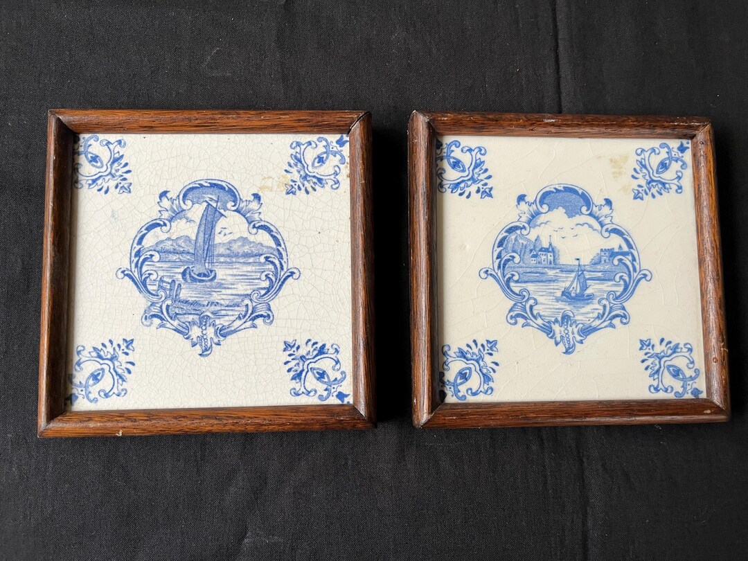 Set of 2 Antique Dutch Delft Frame Tile . Nautic Scene . 19-20 Century ...