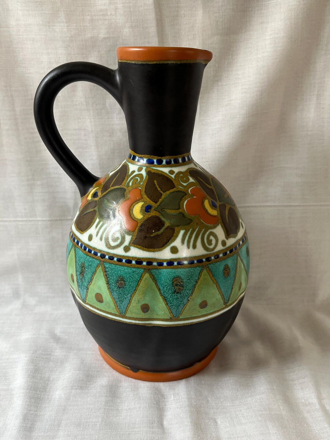 Antique Dutch Gouda Pottery Pitcher. Approx 1920. Several Marks. Decor ...