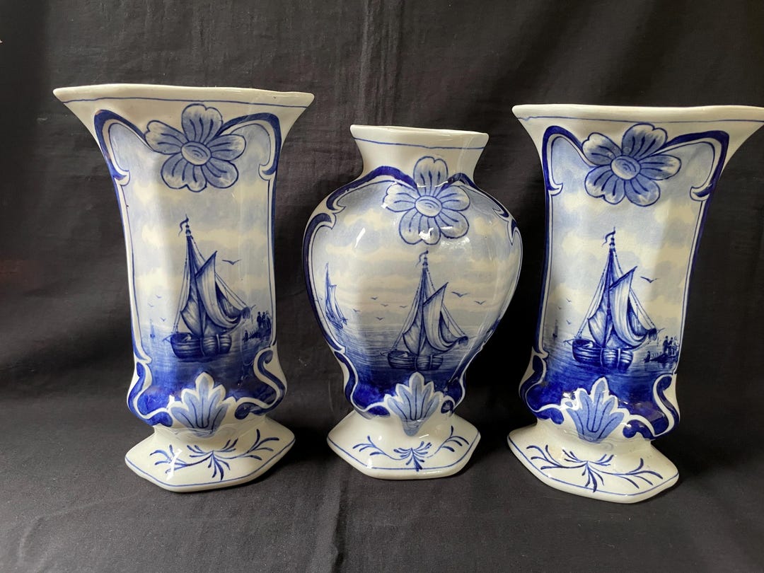 Antique Dutch Delft Set of Mantle Vases With Typical Dutch Scene ...