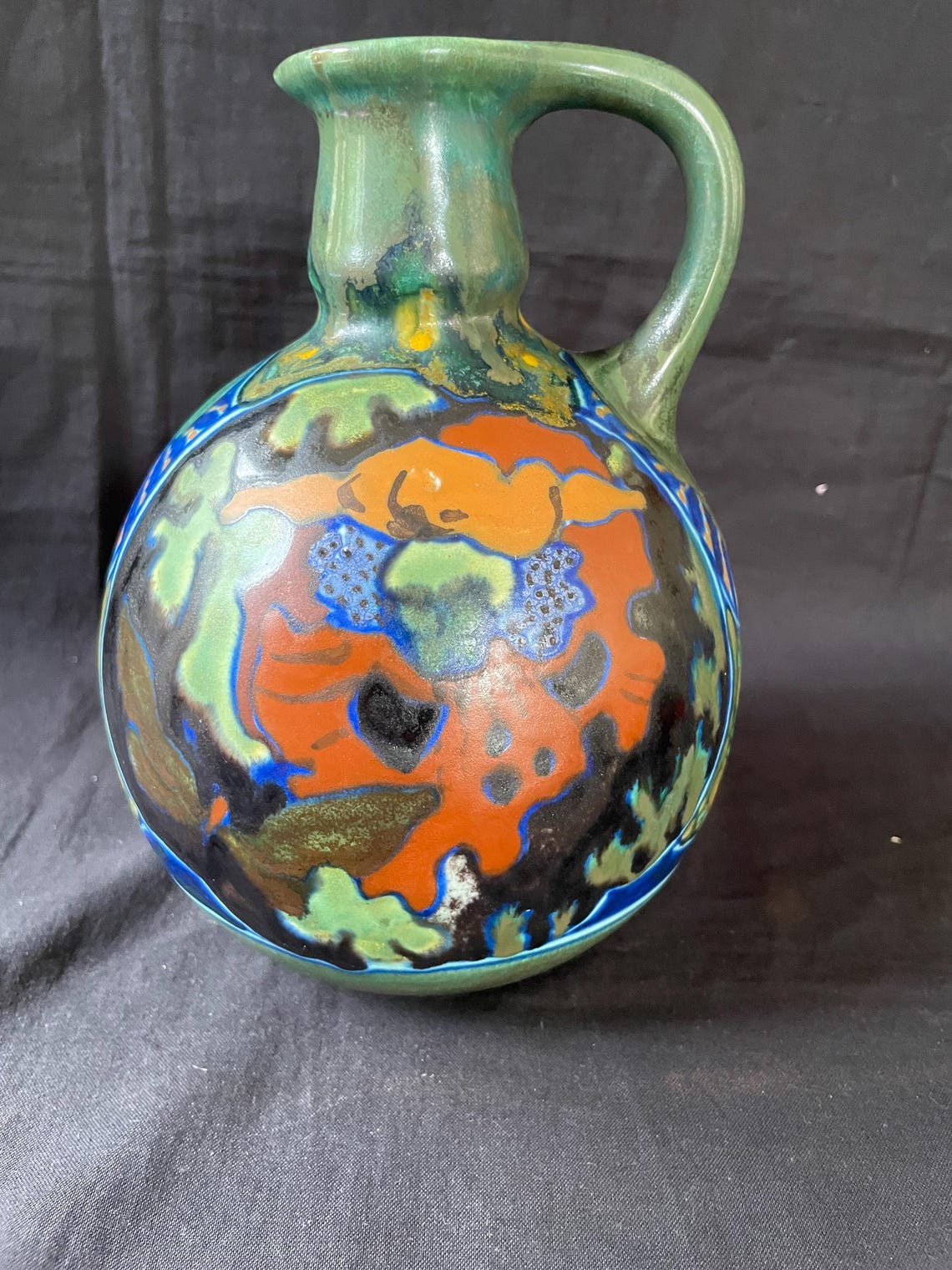 Antique Dutch Gouda Pottery Pitcher. Approx 1920. Several Marks. Decor ...