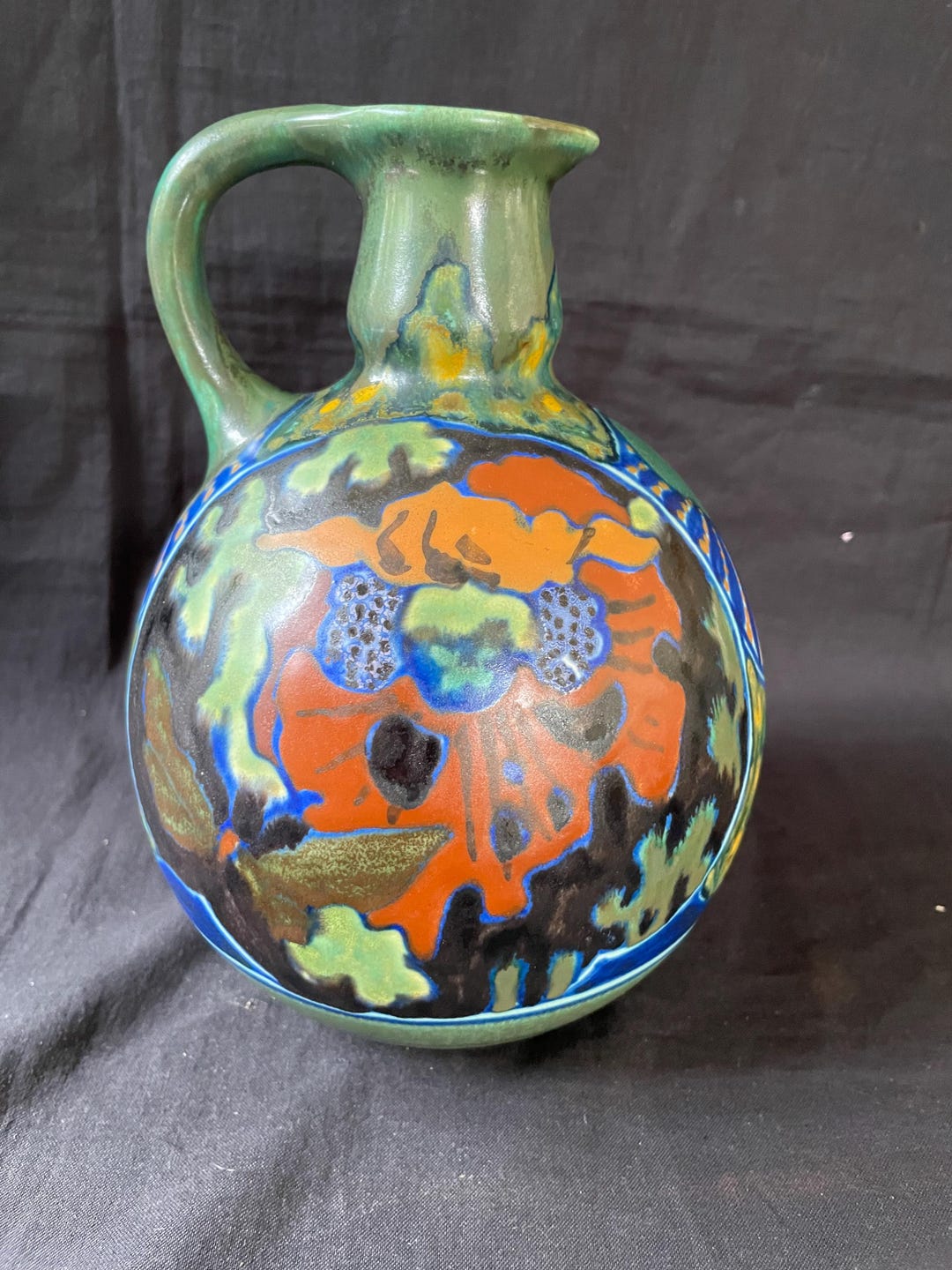 Antique Dutch Gouda Pottery Pitcher. Approx 1920. Several Marks. Decor ...