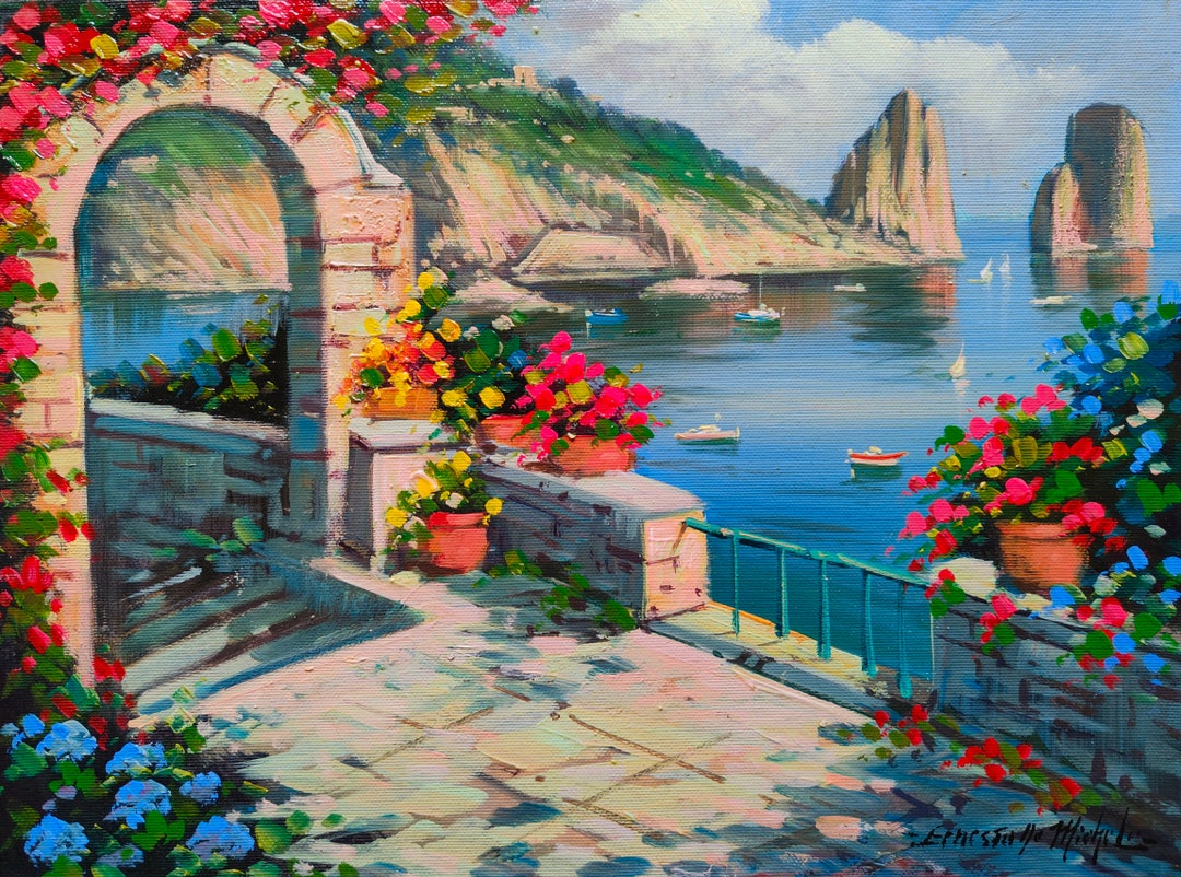 Capri Painting Seaside Reef Sea Original Oil Canvas Painting of Italian ...