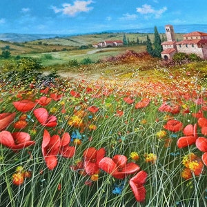 Tuscany Painting Italian Landscape "field of Colorful Flowers" Oil by R.pacini Painter, Wall ...