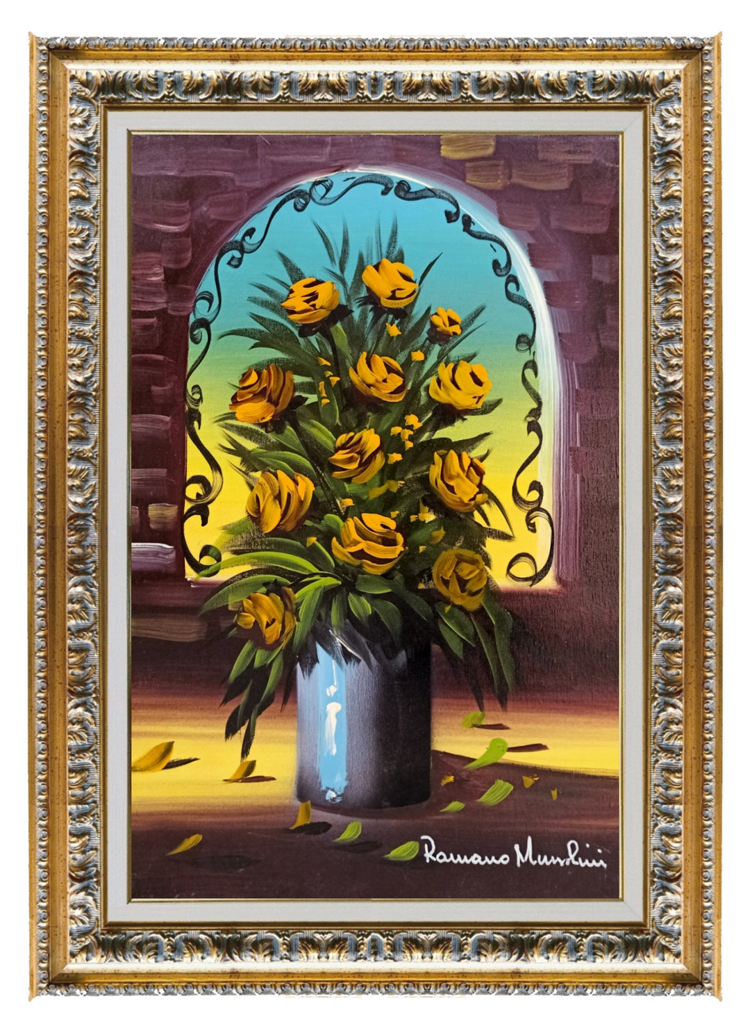 Italian Painting yellow Roses Flowers Oil Framed by Romano Mussolini ...