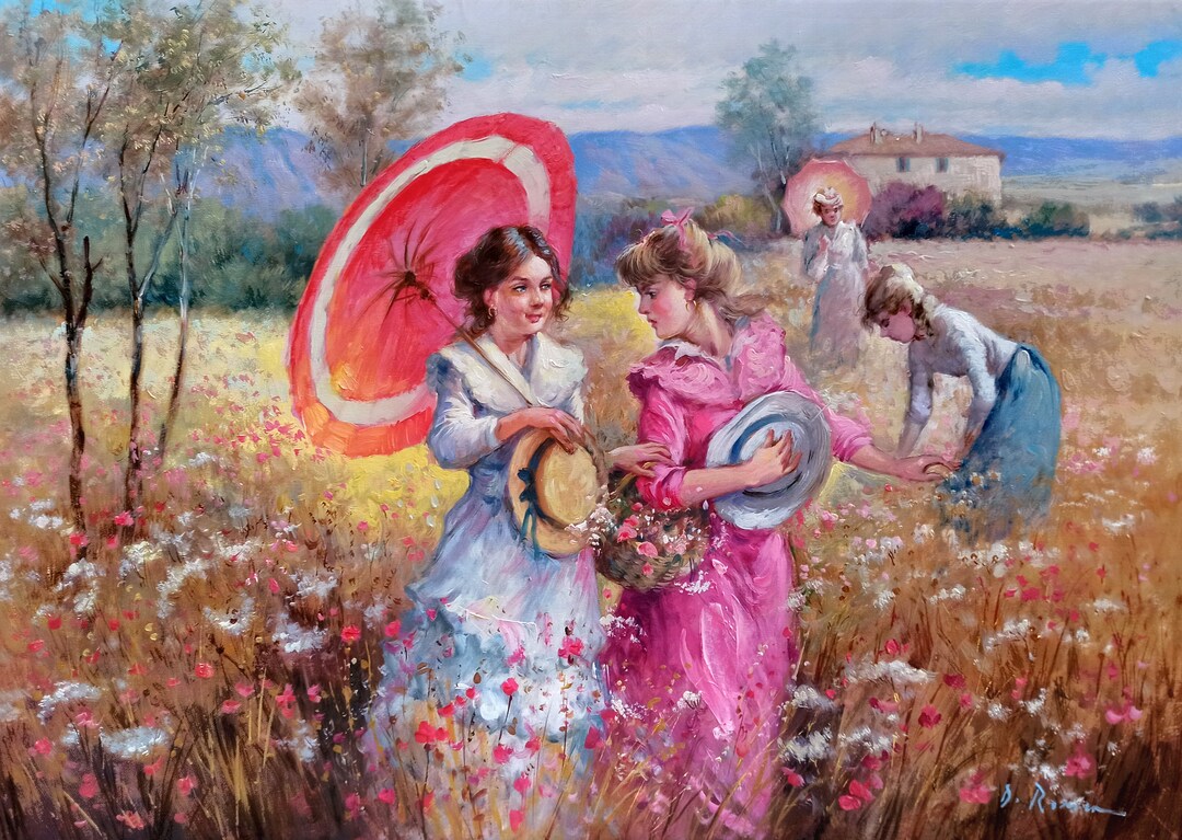 Italian Painting "girls in the Field" Original Oil on Canvas Artwork ...