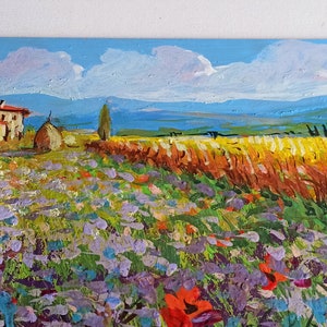 Tuscany Painting Original by Gino Masini "wheat Field & Flowers" Landscape Artwork Italian ...