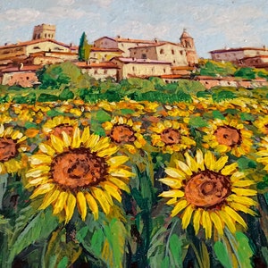 Tuscany Painting Original by Gino Masini "village With Sunflowers ...
