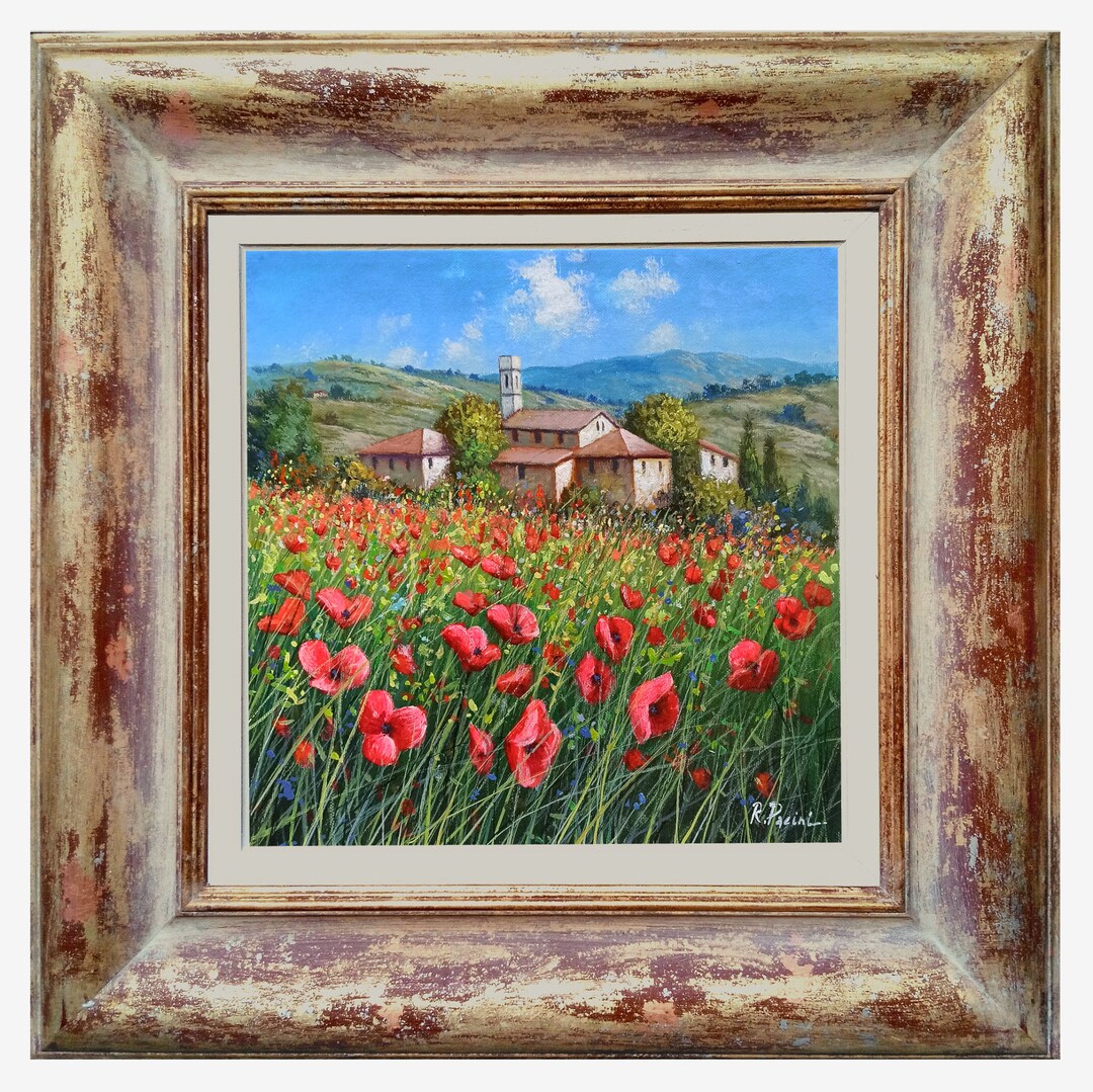 Tuscany Painting Landscape, Original red Wildflowers Oil by R.pacini Italian Painter Wall Home ...