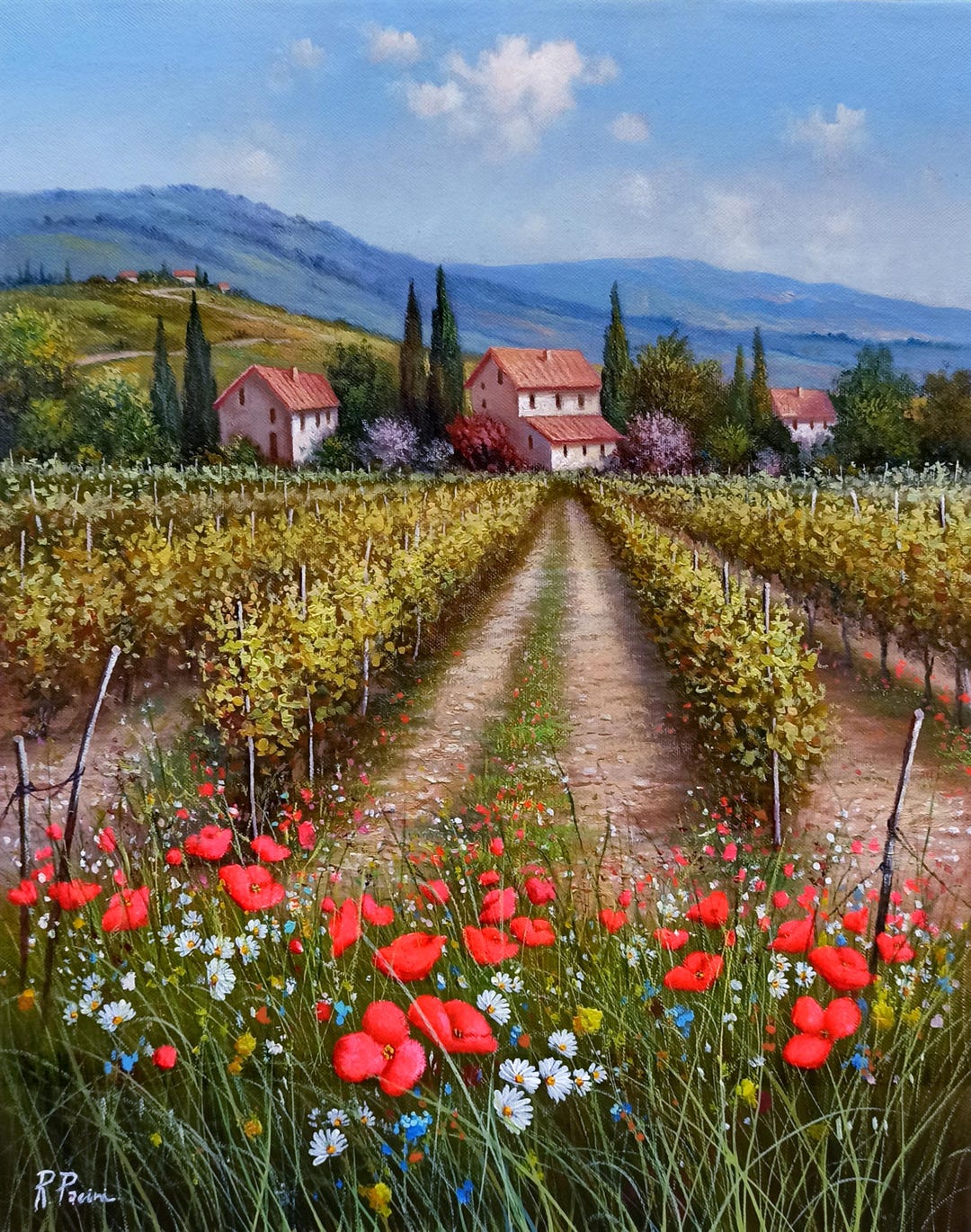 Tuscany Painting Italian Original "field of Flowers Under Vineyard" Oil by R.pacini Painter Wall ...