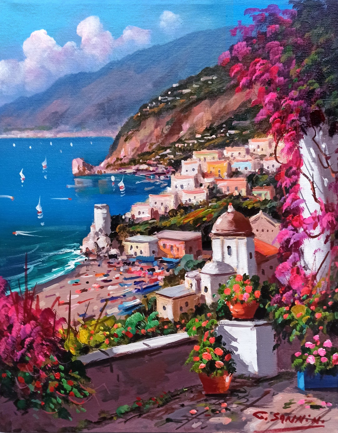 Positano Painting flowered Seaside Impressionist Landscape Original on ...
