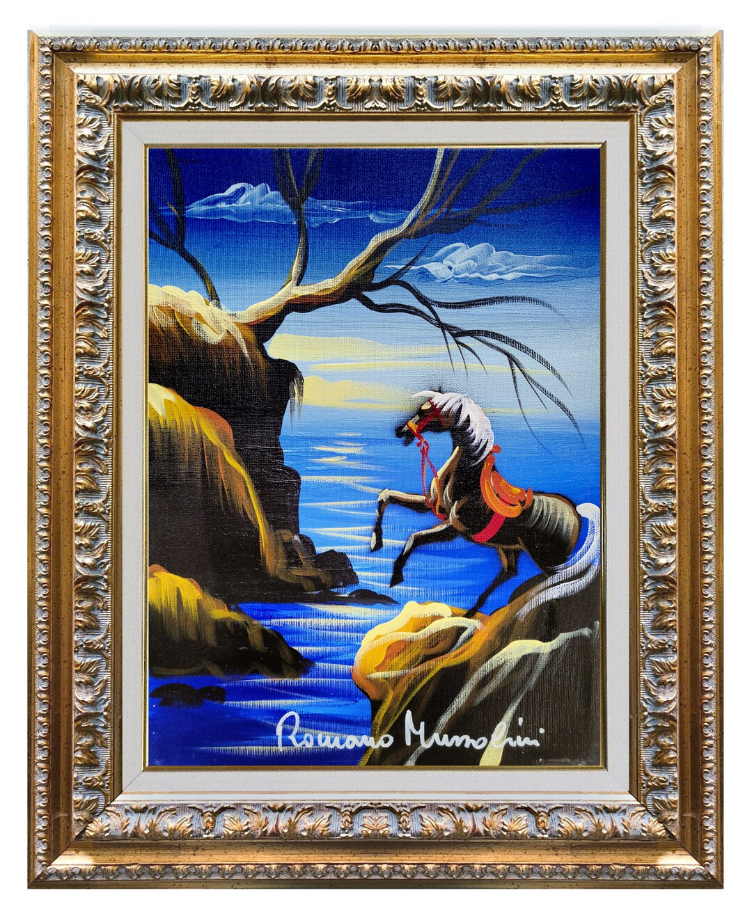 Italian Painting rampant Horse on the Sea Figuartive Framed by Romano ...