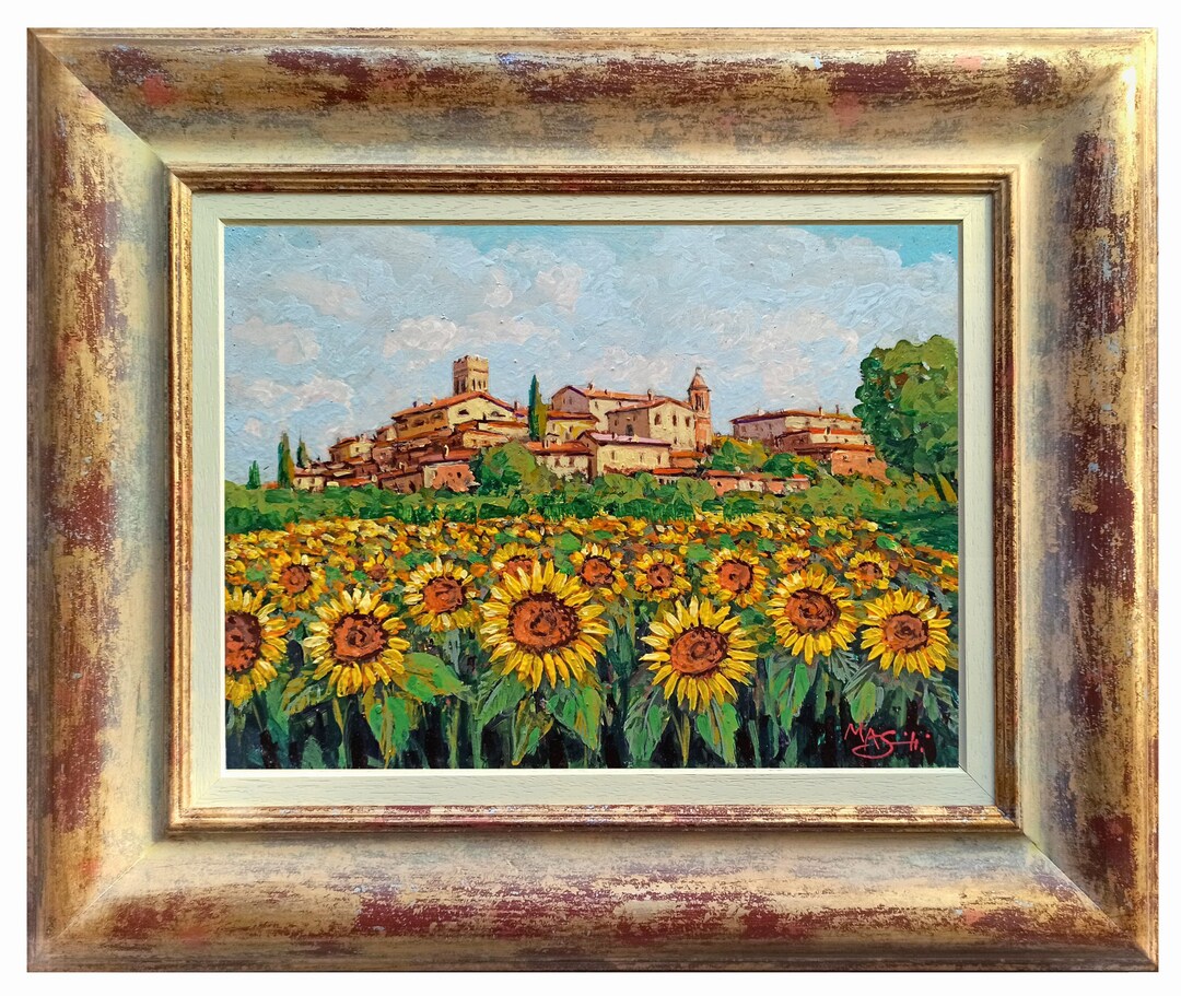 Tuscany Painting Original by Gino Masini "village With Sunflowers" Landscape Artwork Italian ...