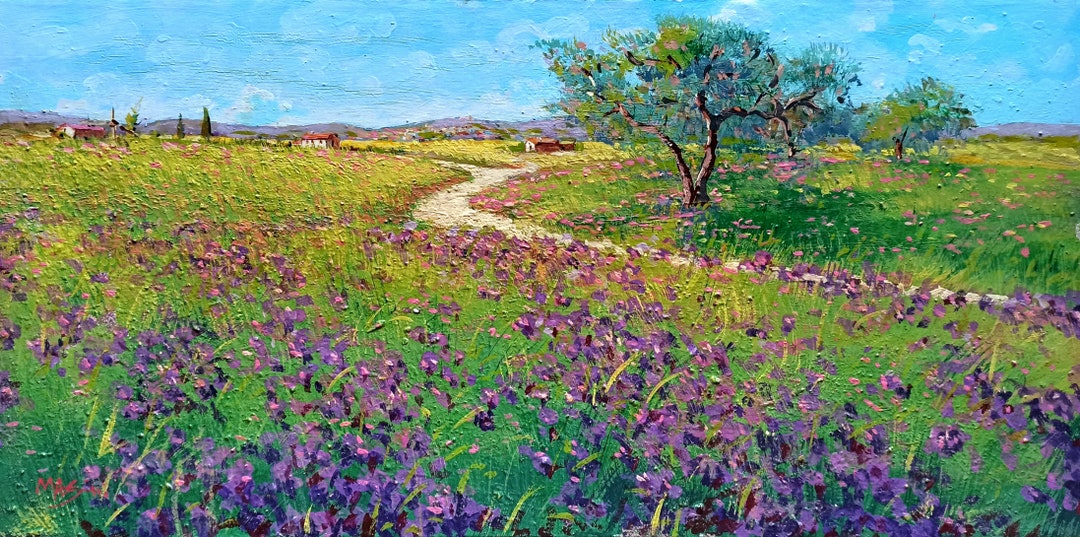 Tuscany Painting Original by Gino Masini "iris Field" Landscape Artwork Italian Painter Wall ...