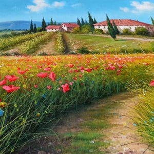 Tuscany Painting ,on Demand "path Among the Flowers" Original Canvas ,italian Painter Raimondo ...