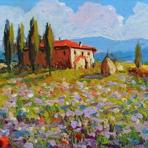 Tuscany Painting Original by Gino Masini "wheat Field & Flowers" Landscape Artwork Italian ...