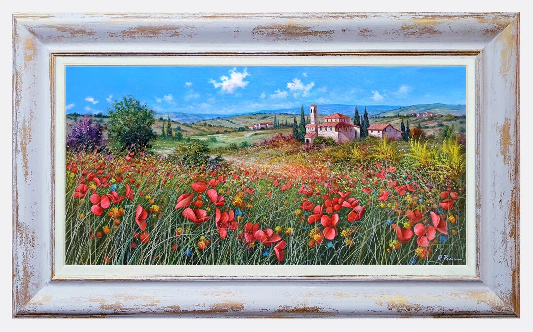 Tuscany Painting Italian FRAMED Landscape field of Colorful Flowers Oil by R.pacini Painter ...