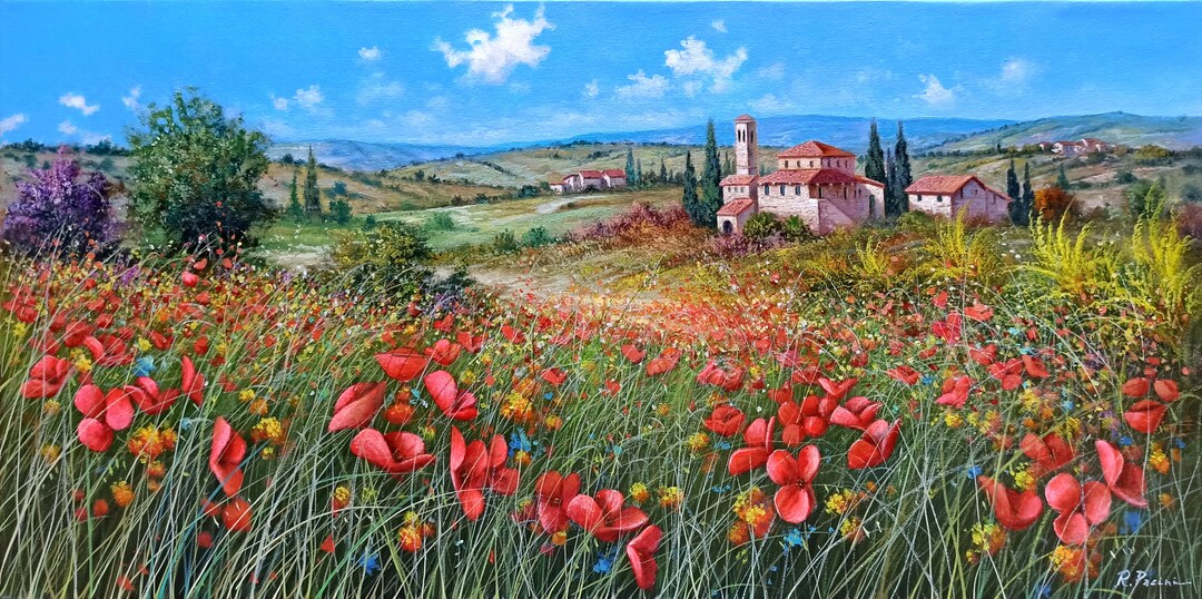 Tuscany Painting Italian Landscape "field of Colorful Flowers" Oil by R.pacini Painter, Wall ...