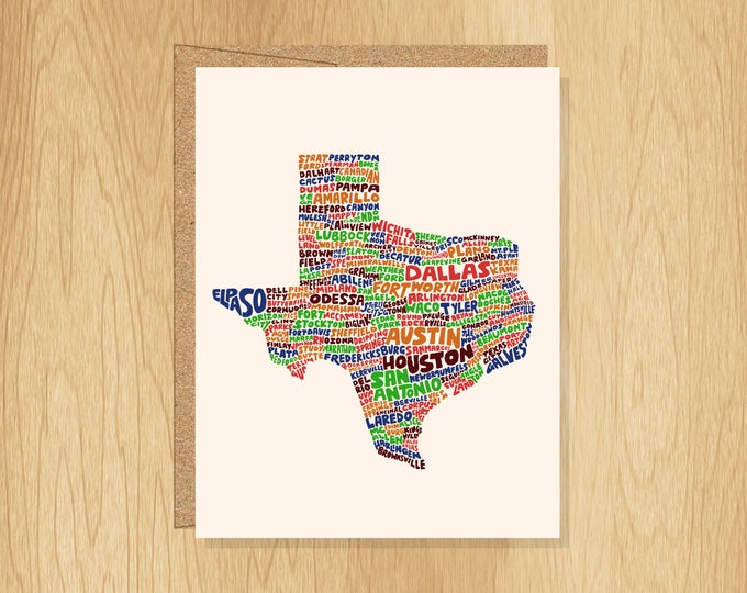 Hand-lettered Texas Card, Texas Gift, Texas Shape, Texas Cities Card ...