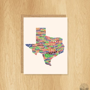 Hand-lettered Texas Card, Texas Gift, Texas Shape, Texas Cities Card ...