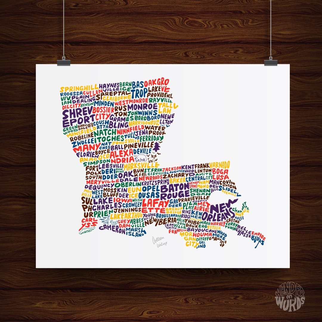 Hand-lettered Louisiana Print, Louisiana Shape, Louisiana Artwork ...