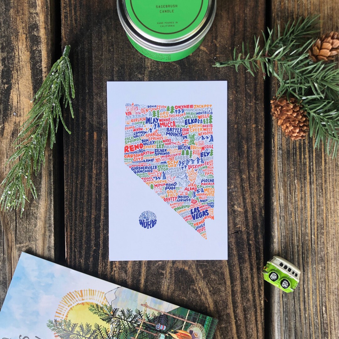 Hand-lettered Nevada Postcard, Towns of Nevada Postcard, Nevada Design ...
