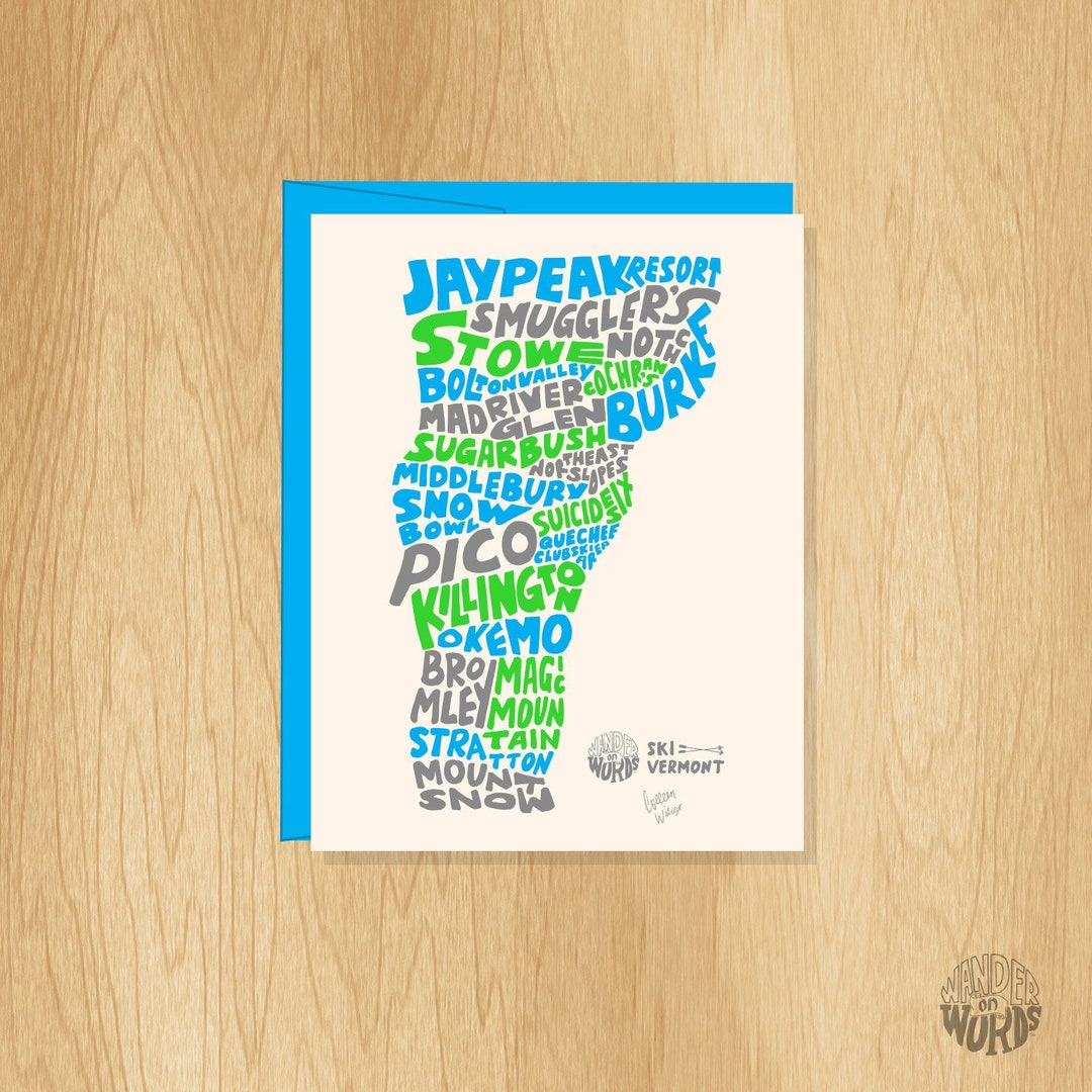 Hand-lettered Ski Vermont Greeting Card, Vermont Ski Resorts Card ...