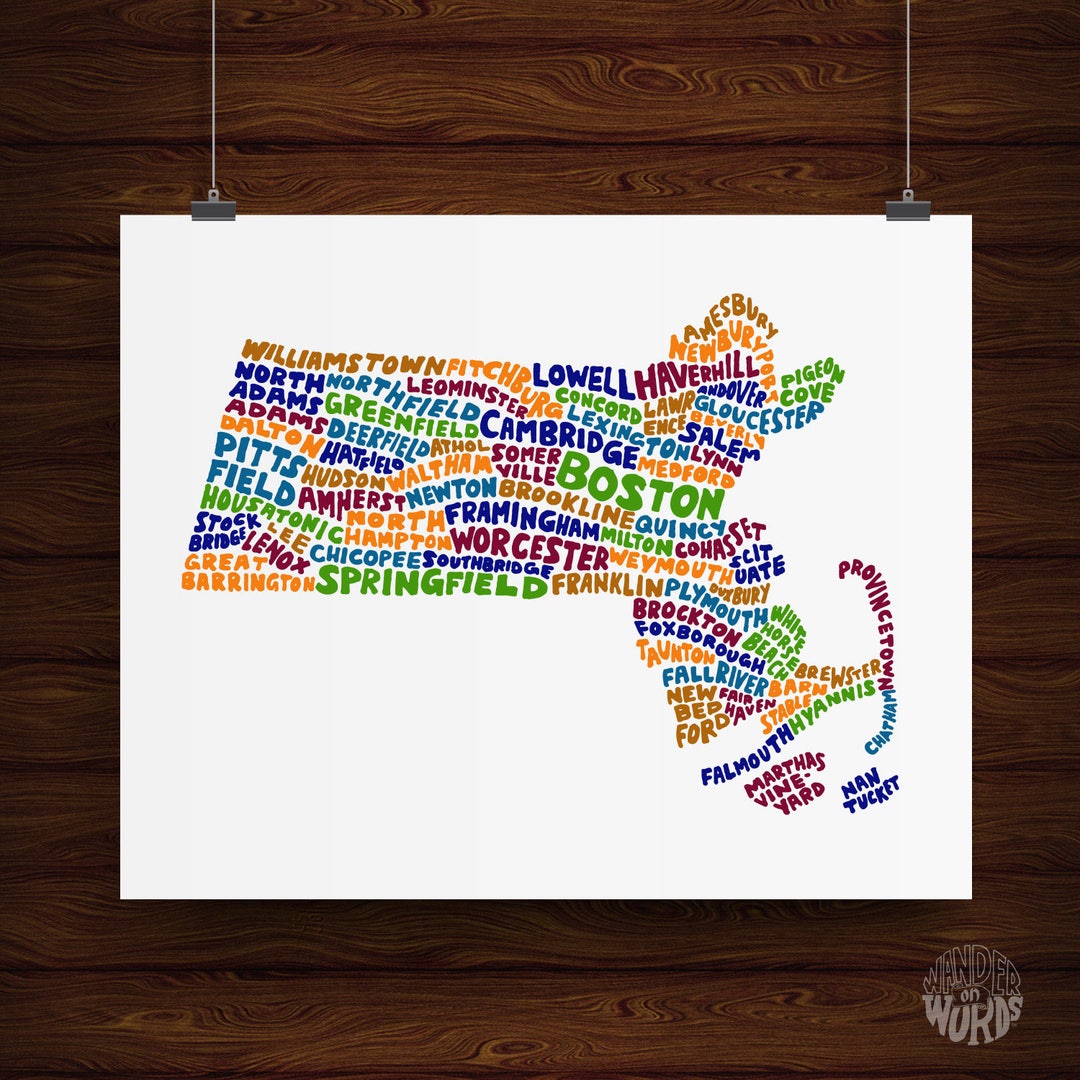 Hand-lettered Massachusetts State Print, Massachusetts Shape ...