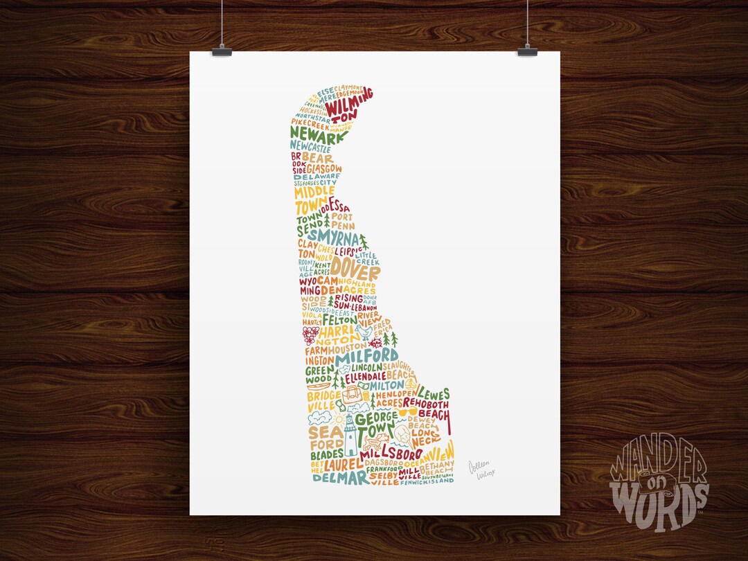 Hand-lettered Delaware Print, Delaware Map Art, Delaware Gift, Delaware ...