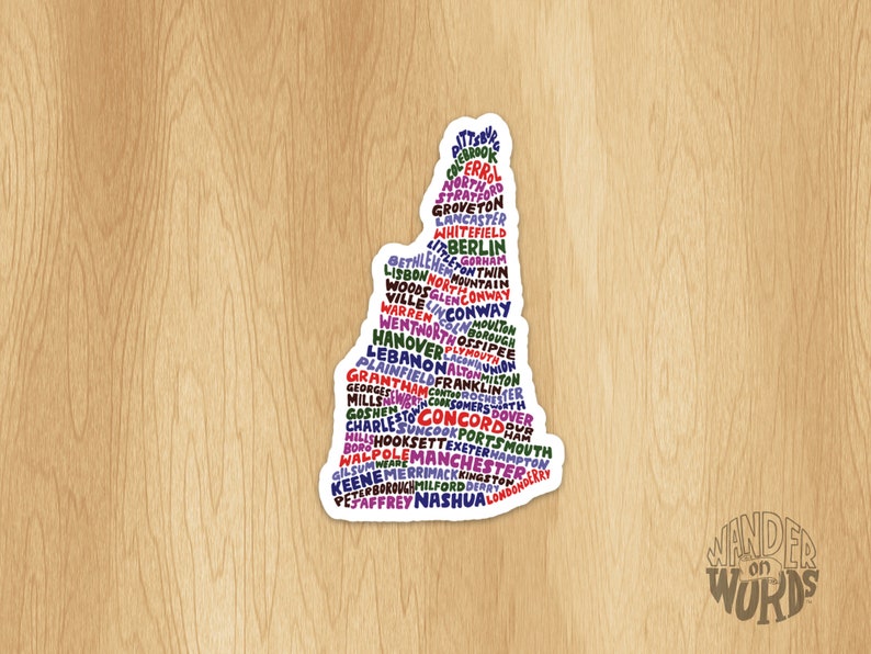 Hand-lettered New Hampshire Map Sticker, New Hampshire Shape Sticker ...