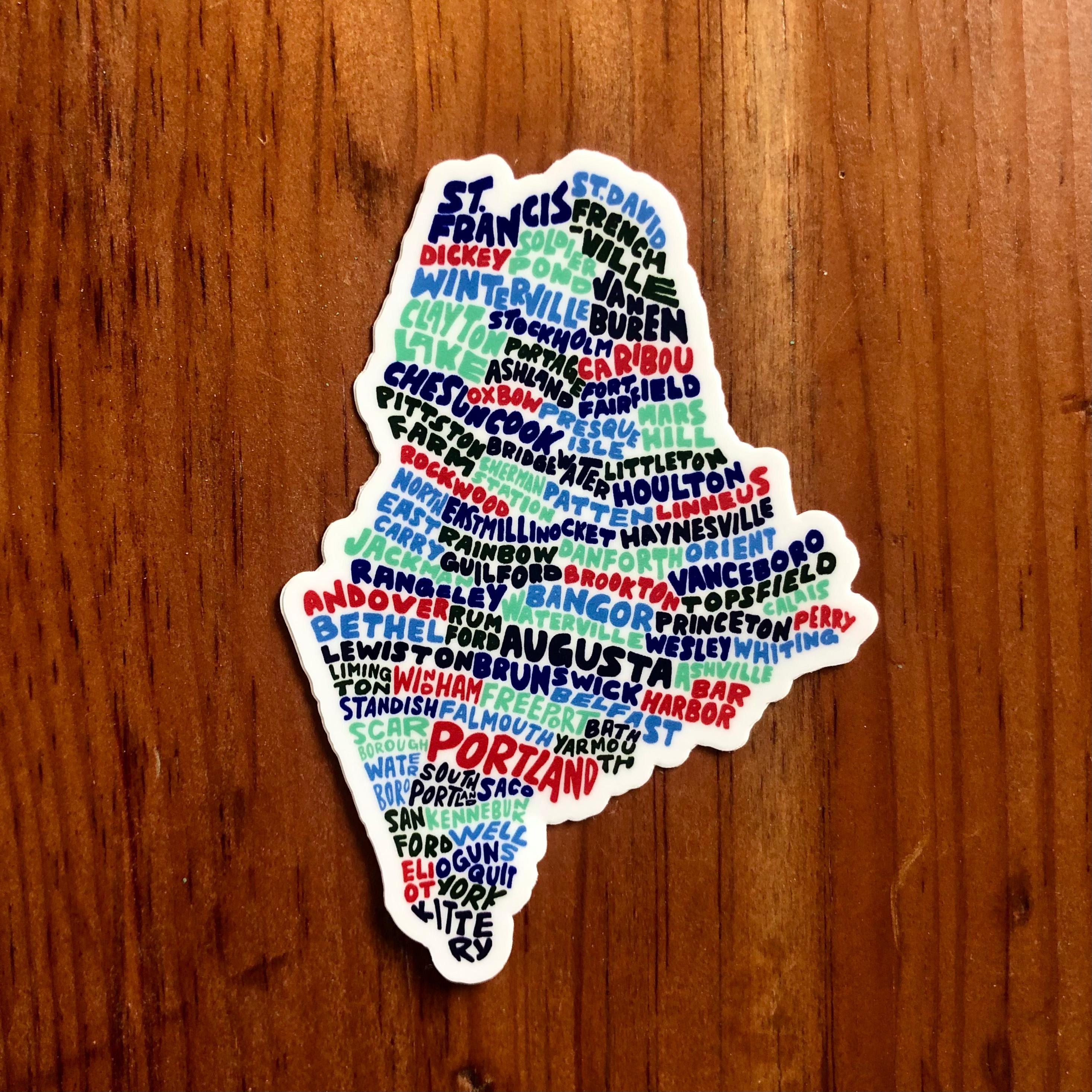 Hand-lettered Towns of Maine Sticker, Maine Shape Sticker, Maine ...