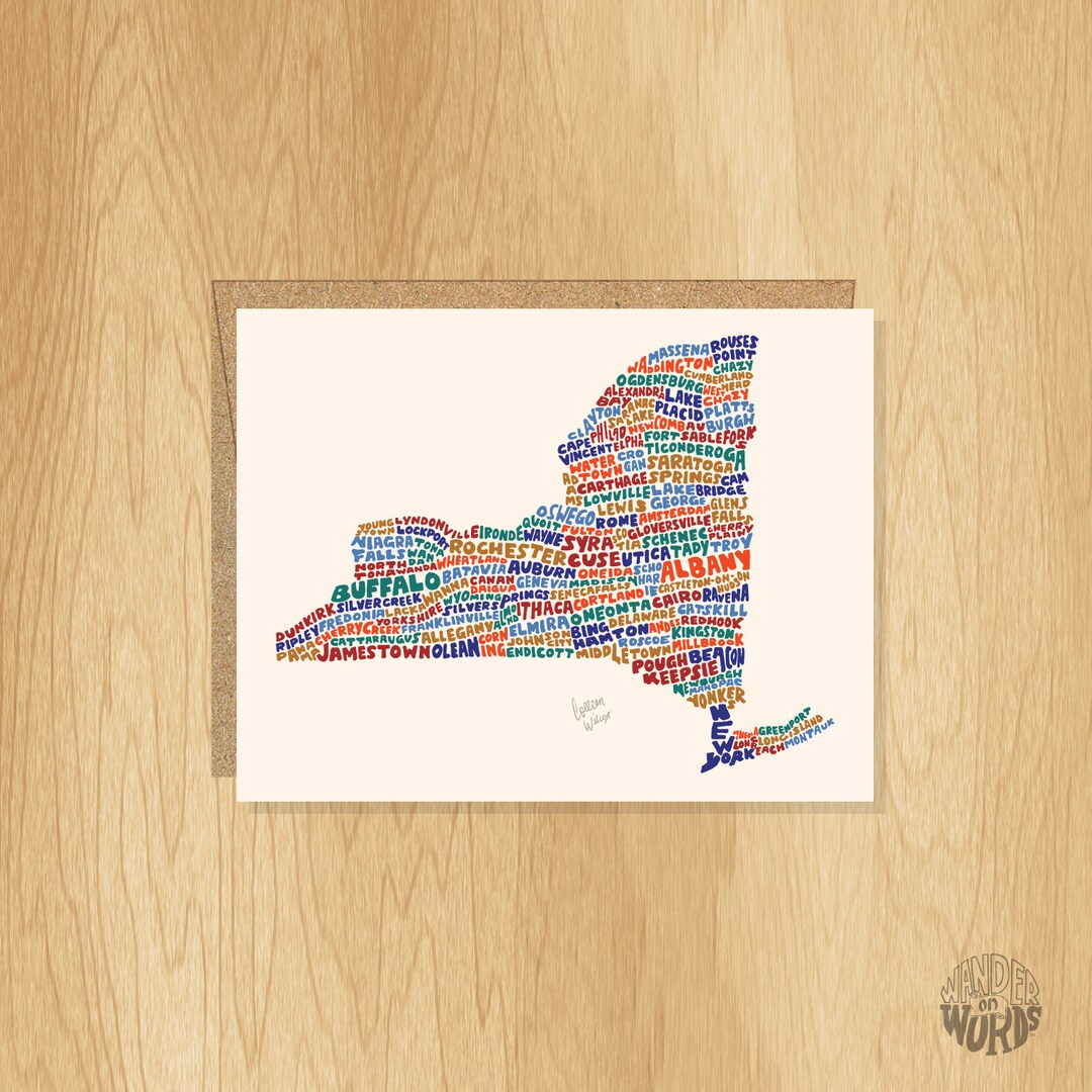 Hand-lettered New York Card, New York Shape Card, New York Cities Card ...