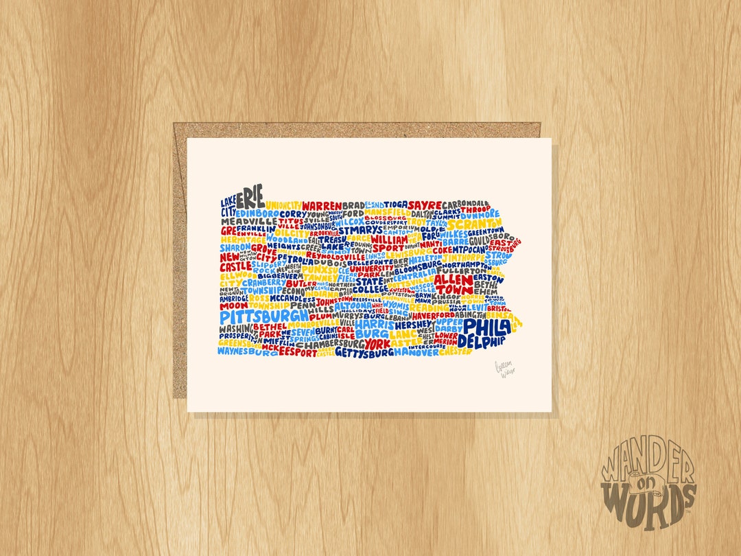 Hand-lettered Pennsylvania Card, Pennsylvania Gift, Pennsylvania Shape ...
