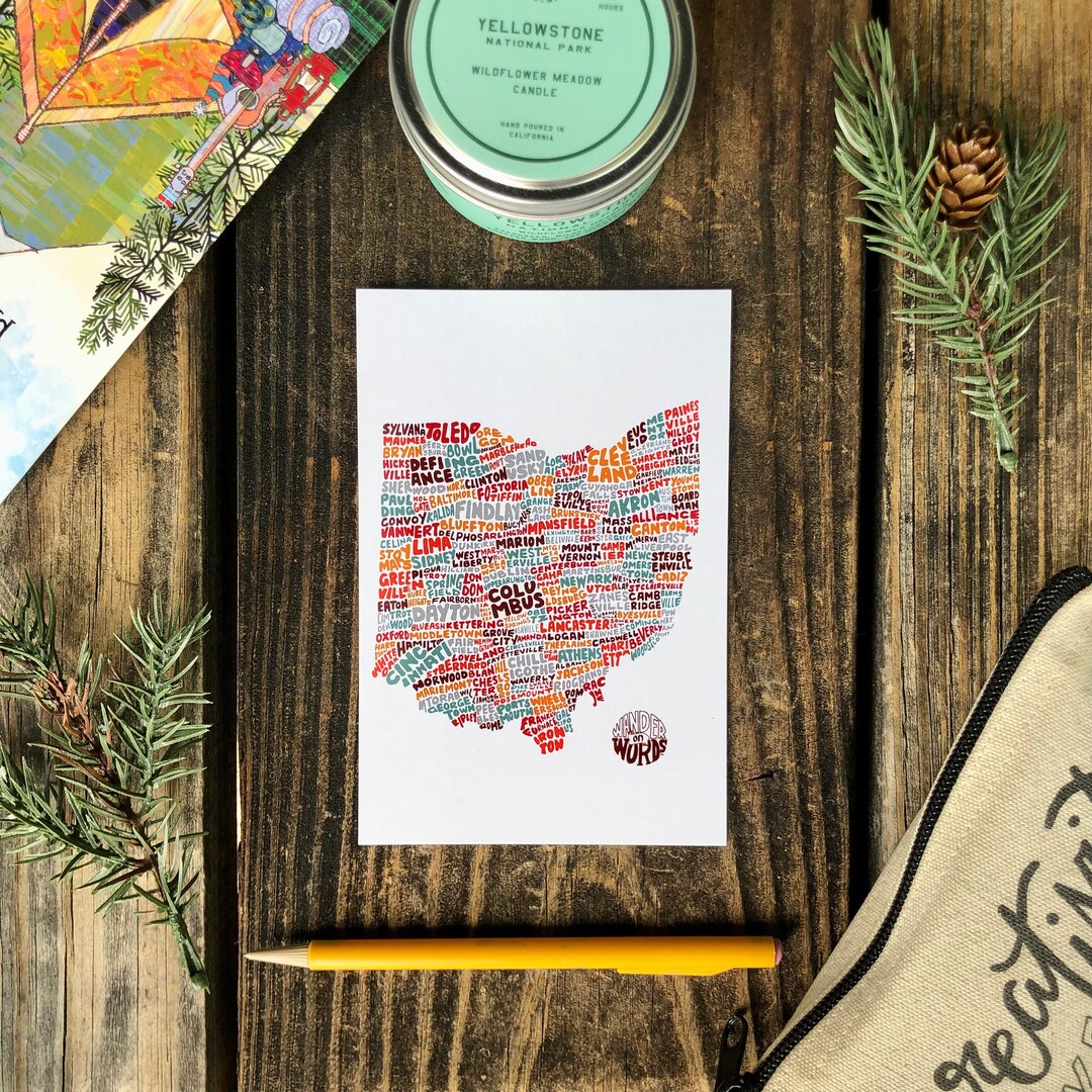 Hand-lettered Towns of Ohio Postcard, Ohio Map Postcard, Ohio ...