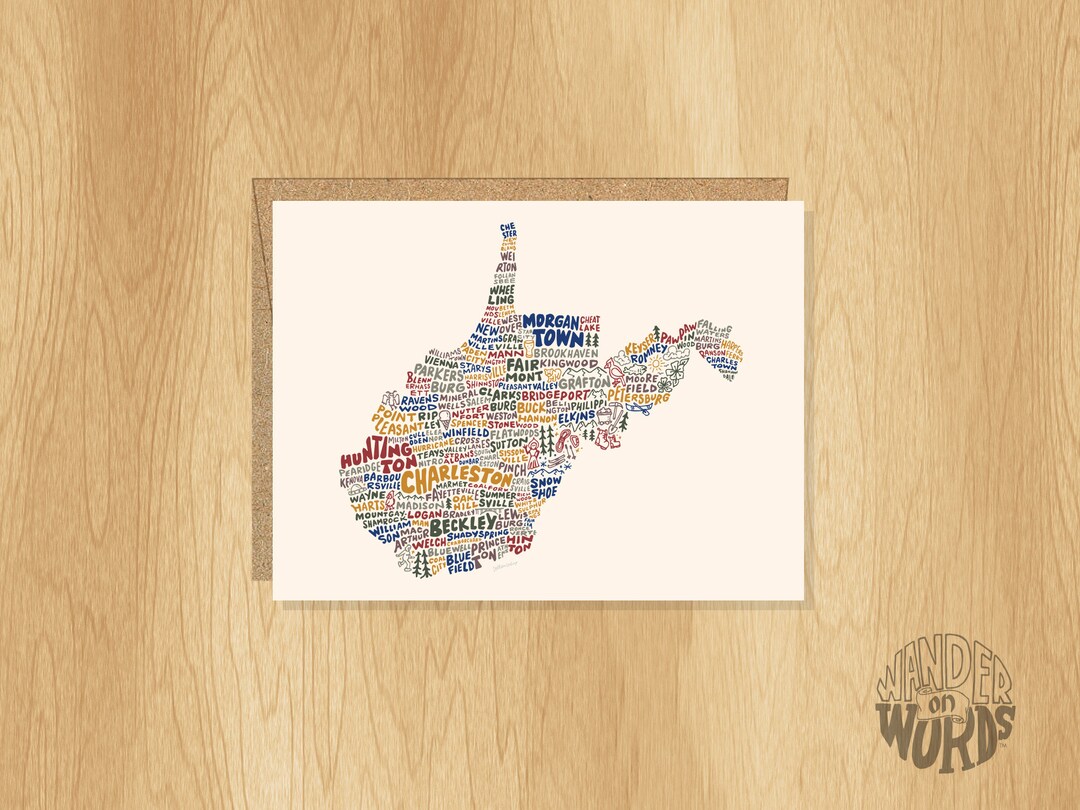 Hand-lettered West Virginia Card, West Virginia Map Card, West Virginia ...