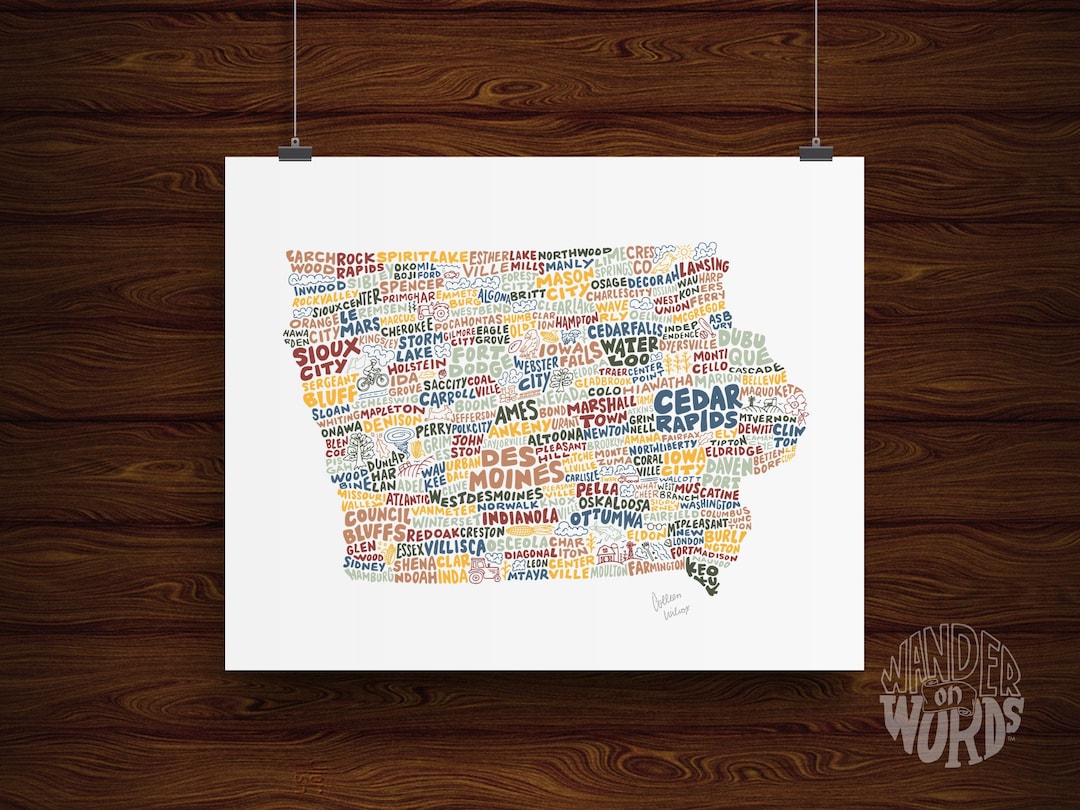 Hand-lettered Iowa Print, Iowa Map Art, Iowa Artwork, Iowa Gift, Iowa ...