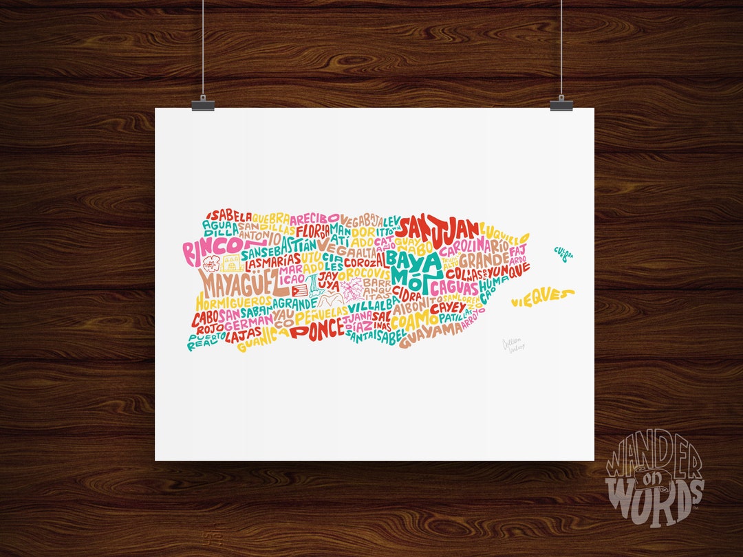 Hand-lettered Puerto Rico Print, Puerto Rico Shape Design, Puerto Rico ...