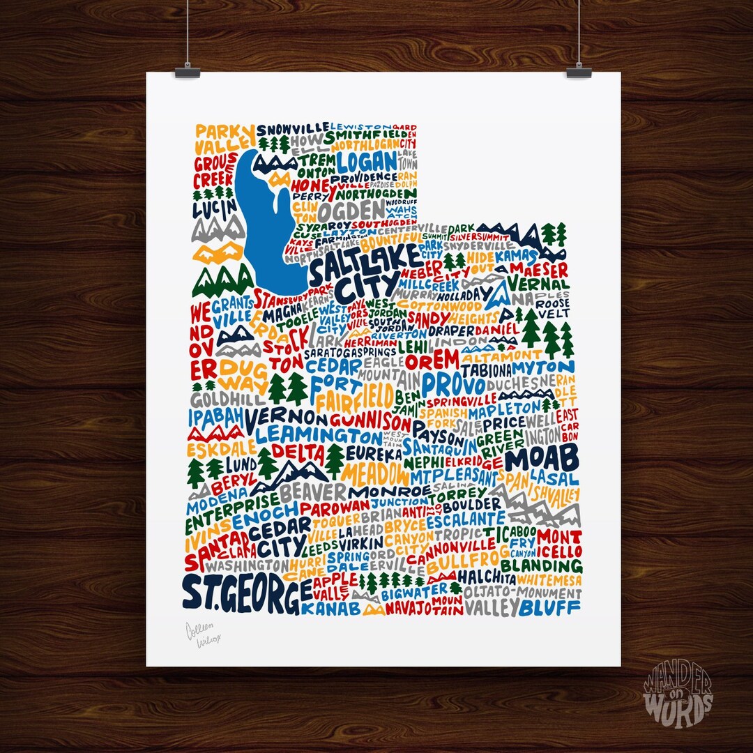 Hand-lettered Utah Print, Utah Art, Utah Shape, Utah Gift, Utah Design ...