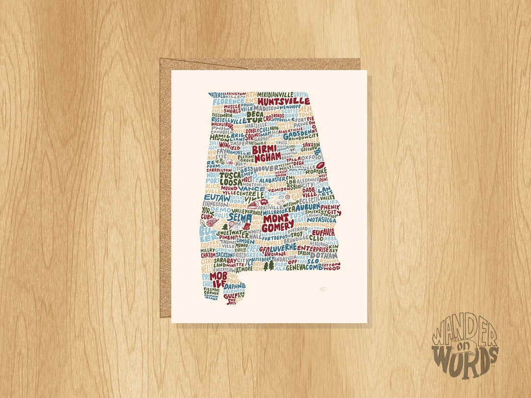 Hand-lettered Alabama Card, Alabama Gift, Alabama Shape, Alabama Cities ...