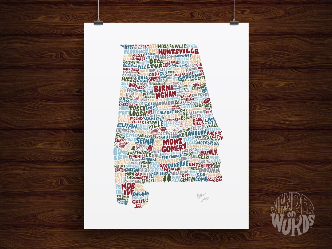 Hand-lettered Alabama Print, Alabama Map Art, Alabama Gift, Alabama ...