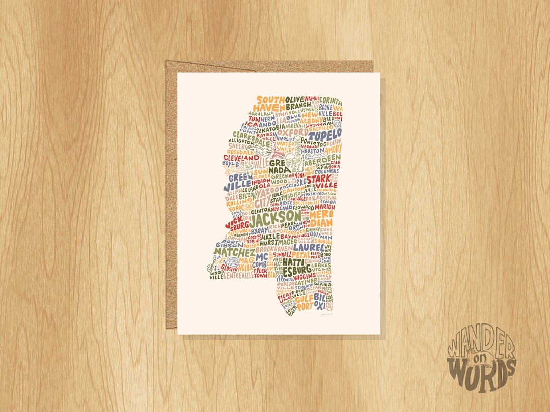 Hand-lettered Mississippi Card, Mississippi Gift, Mississippi Map Art ...