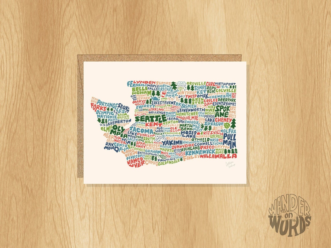 Hand-lettered Washington Card, Washington Gift, Washington Shape ...