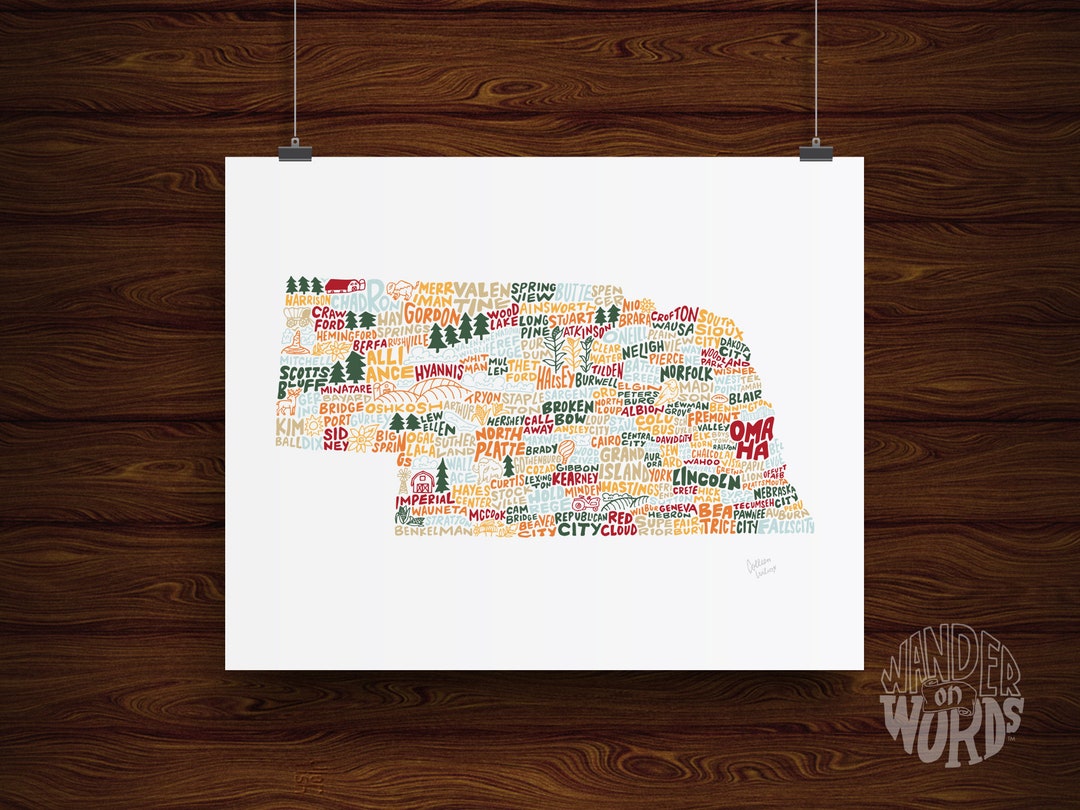 Hand-lettered Nebraska State Print, Nebraska Shape, Nebraska ...