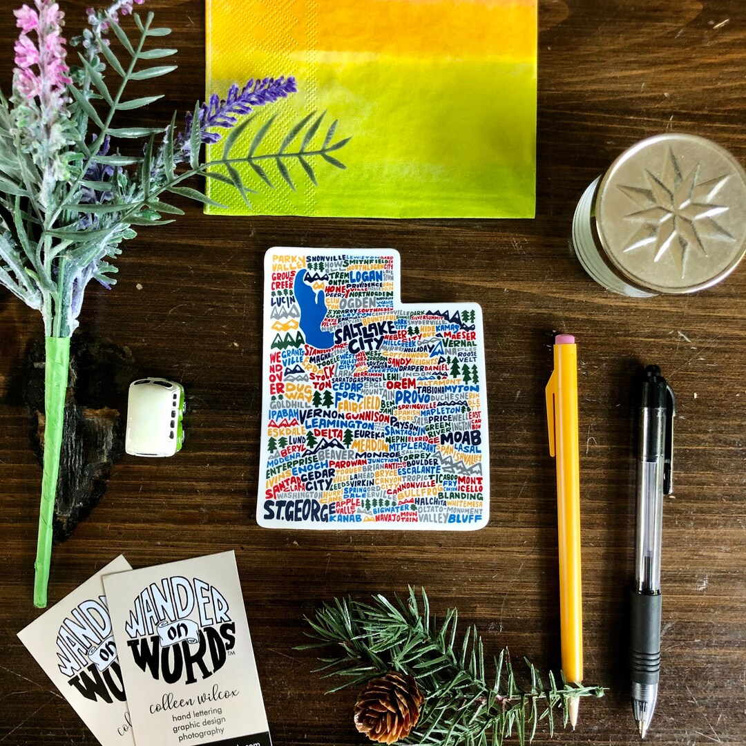 Hand-lettered Utah Sticker, Cities of Utah, Utah Shape Sticker, Utah ...