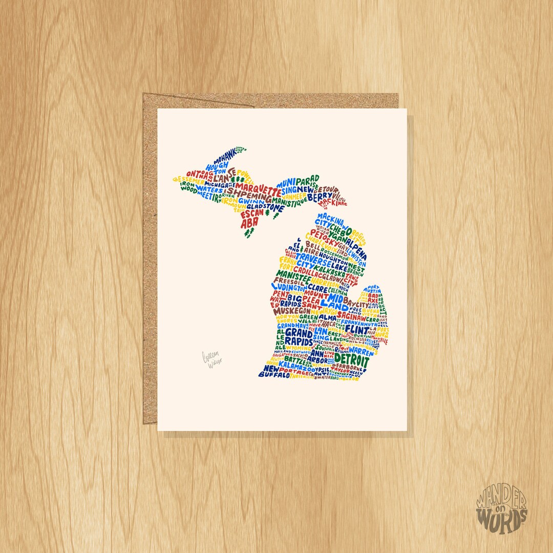 Hand-lettered Michigan Card, Michigan Gift, Michigan Shape, Michigan ...
