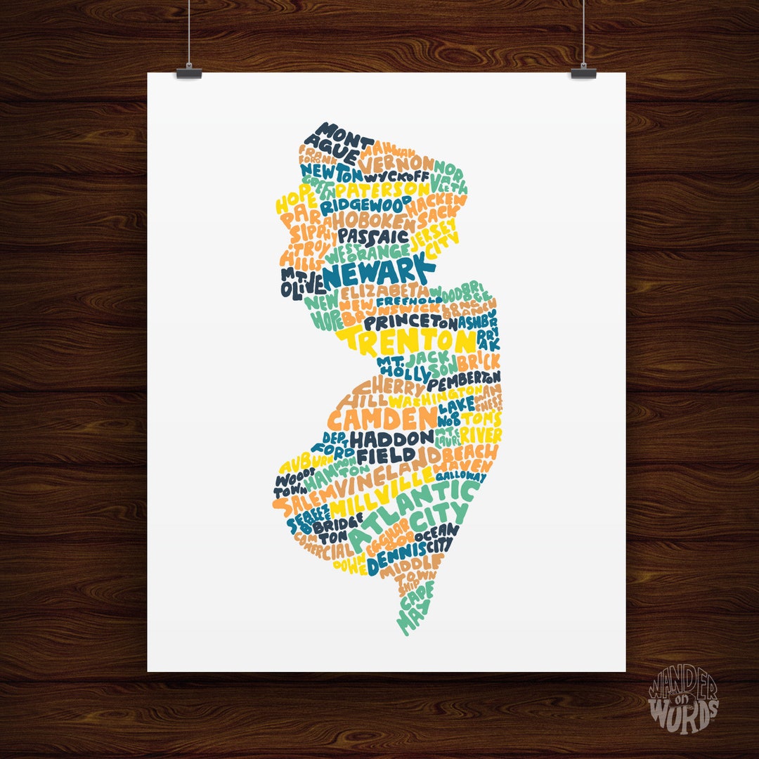 Hand-lettered New Jersey State Print, New Jersey Shape, New Jersey ...