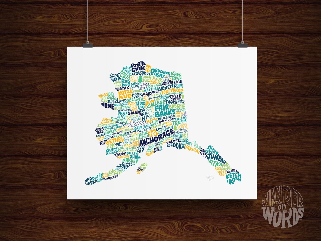 Hand-lettered Alaska State Print, Alaska Shape, Alaska Illustration ...