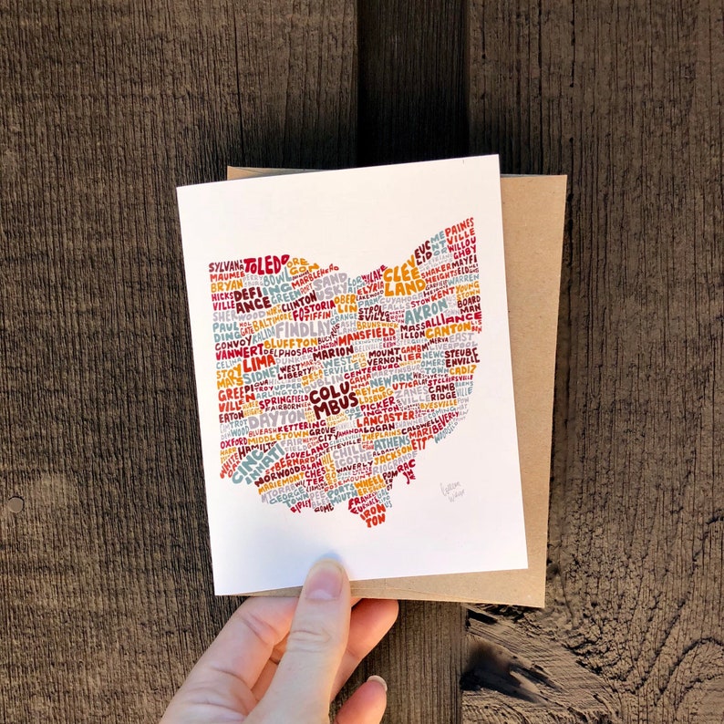 Hand-Lettered Ohio Card Ohio Gift Ohio Shape Ohio Cities | Etsy