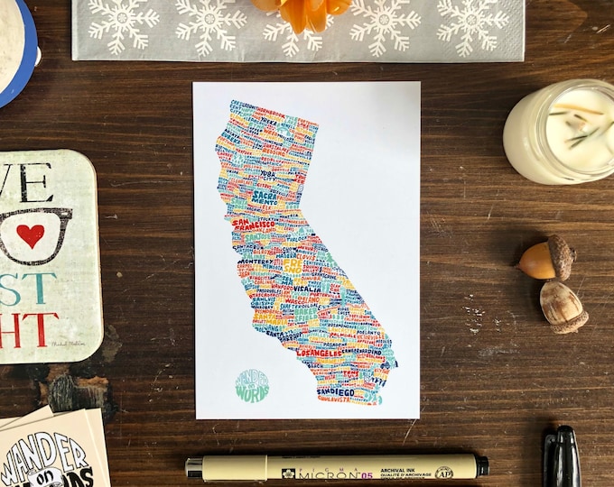 Hand-lettered Towns of California Postcard, California Towns Postcard ...