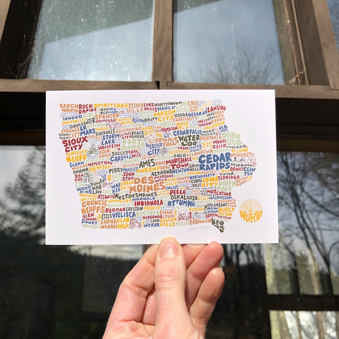Hand-lettered Towns of Iowa Postcard, Iowa Postcard, Iowa Shape Card ...