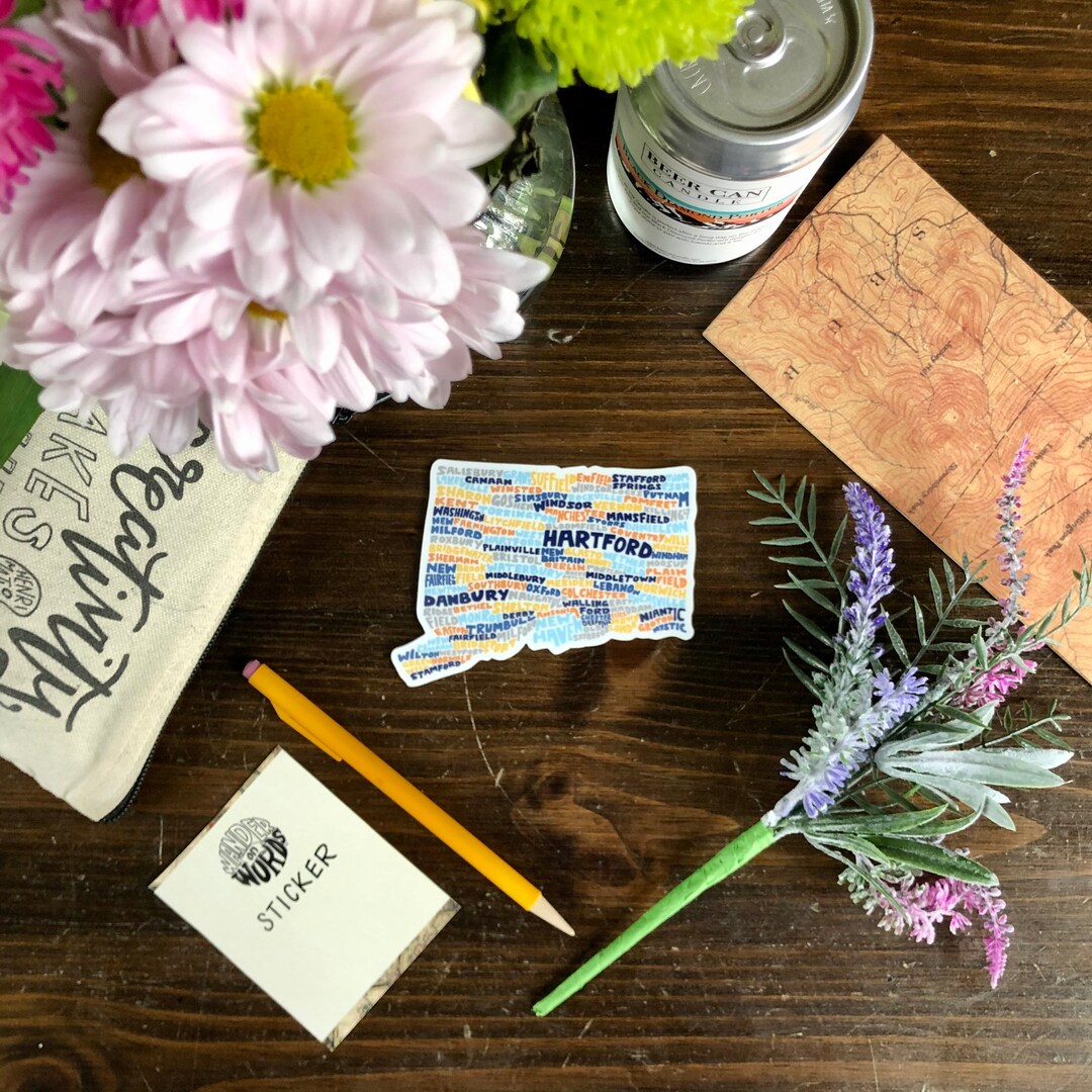Hand-lettered Towns of Connecticut Sticker, Connecticut Shape Sticker ...